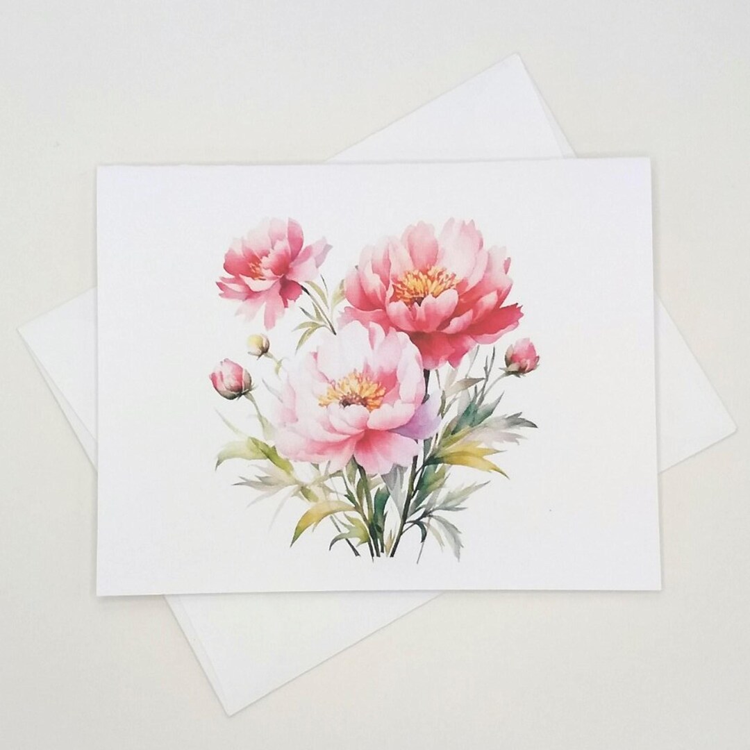 Pink Peony Flower Cards, 8 Matching Note Cards, Watercolor Style ...