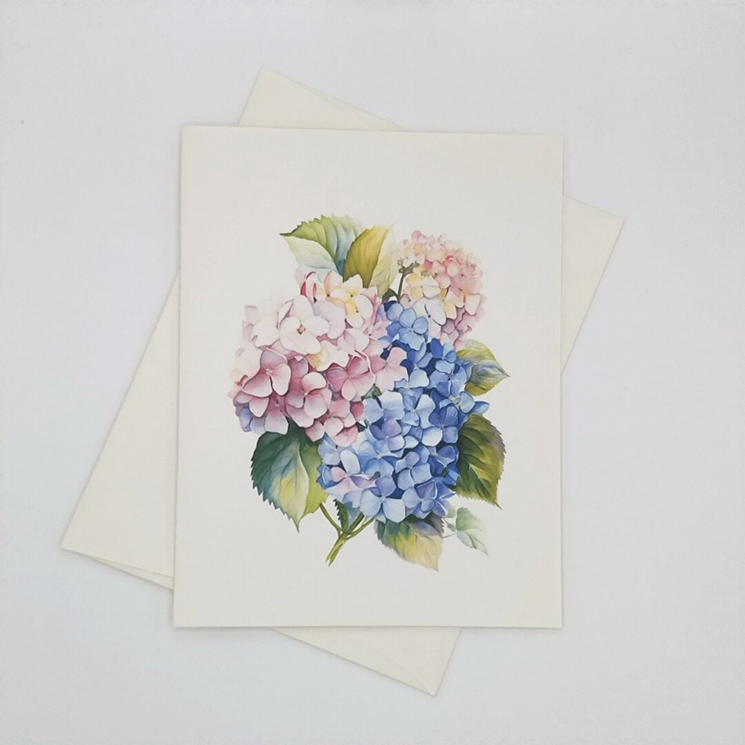 Pink Blue Hydrangeas Note Cards Set, Blank Folded Cards, Watercolor ...