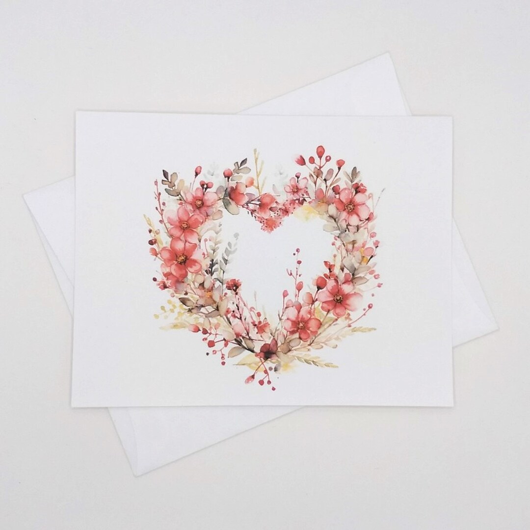Pink Flower Heart Cards, 8 Blank Folded Note Cards, Watercolor Style ...