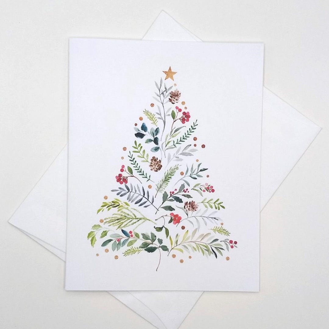 Floral Christmas Tree Cards, Set of 8 Winter Botanicals Note Cards ...