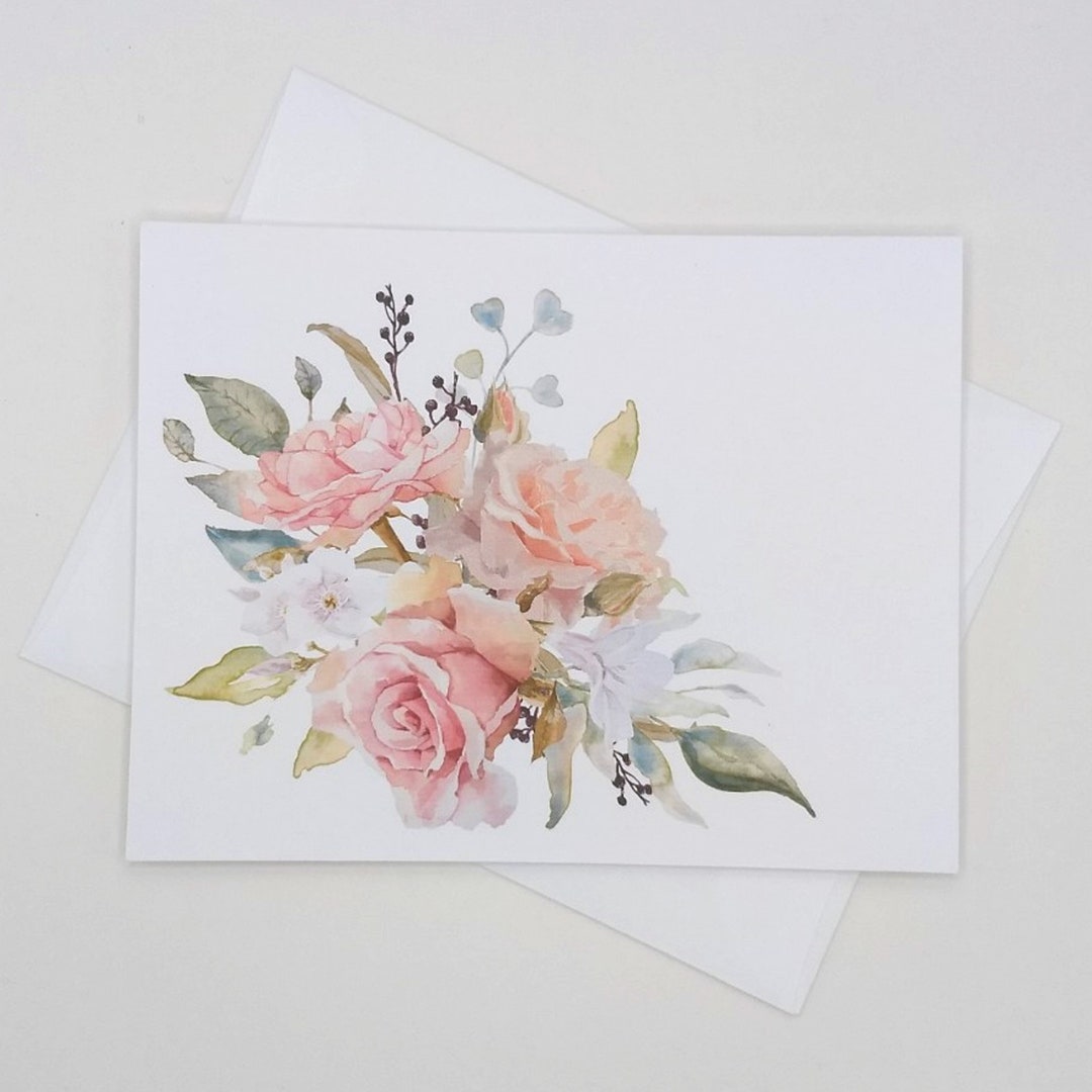 Pink Roses Card Set, Blank Folded Note Cards, Watercolor Roses, Wedding ...