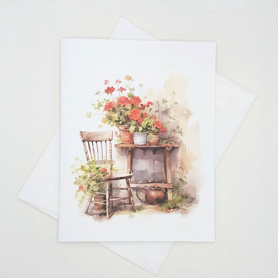 Red Geraniums Note Cards, Blank Folded Cards, Watercolor Flowers, Porch ...