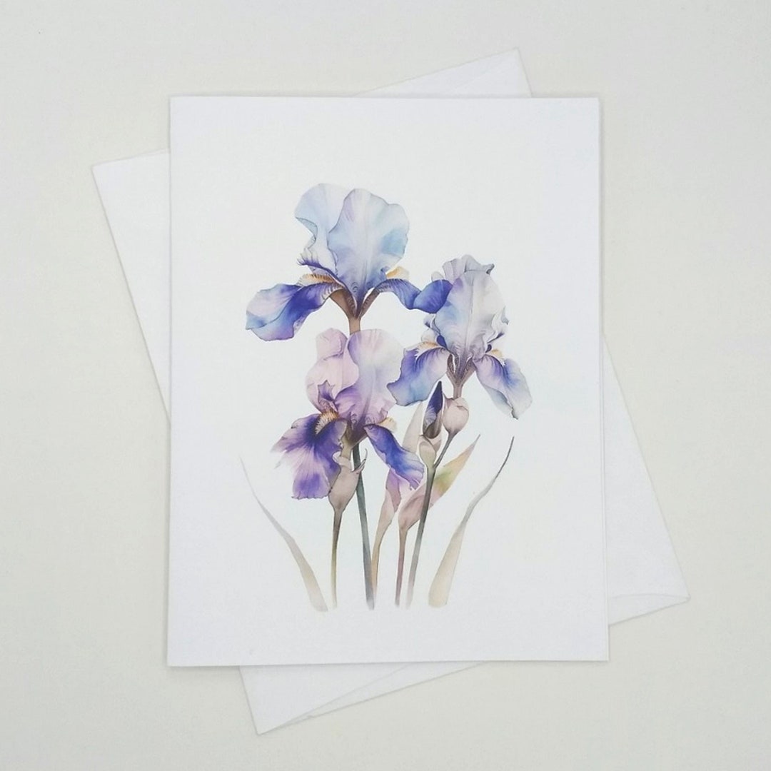 Iris Card Set, Blank Folded Note Cards, Watercolor Flowers, Garden Flowers, Purple Iris, Blue ...