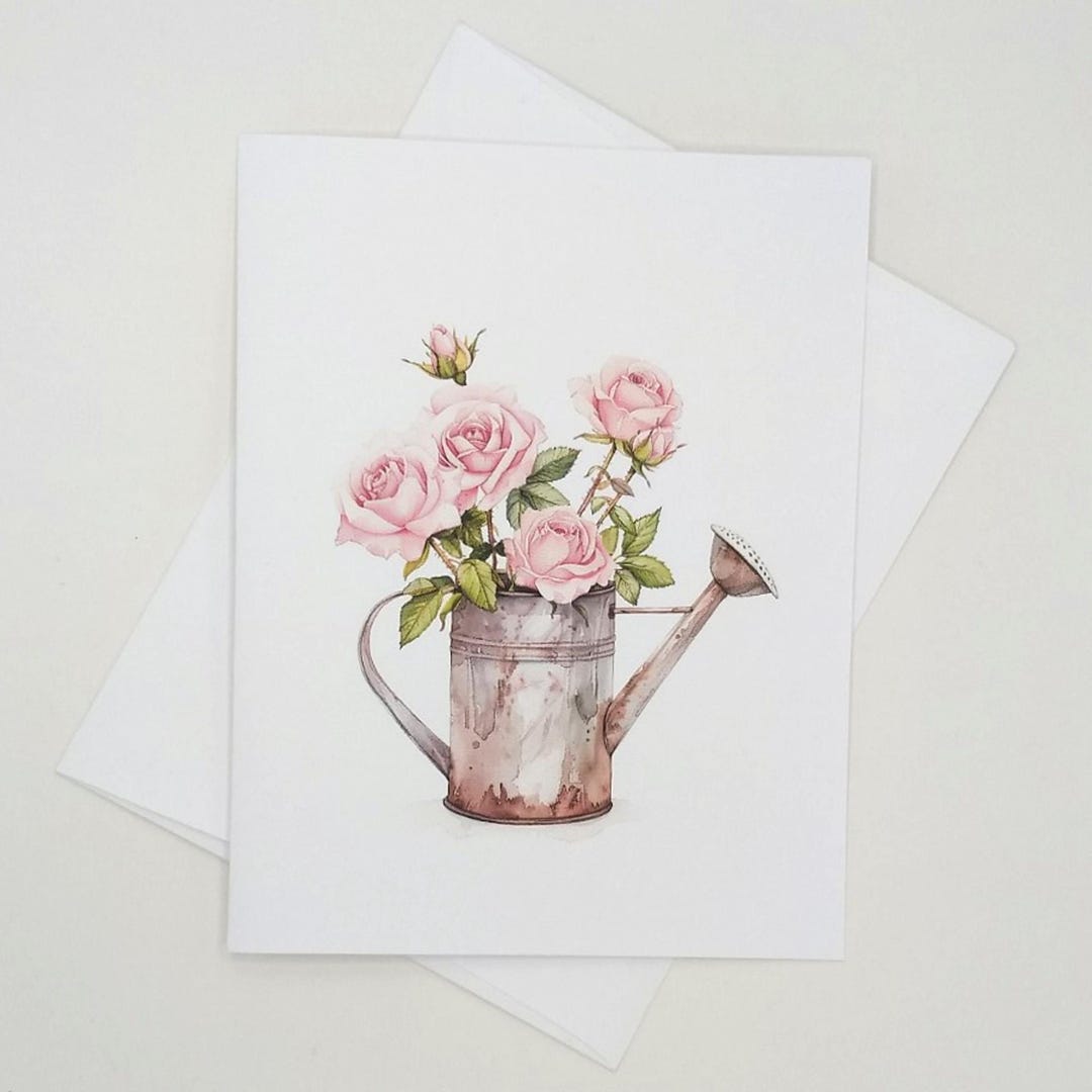 Pink Roses Note Cards Set, 8 Blank Folded Cards, Watercolor Style ...