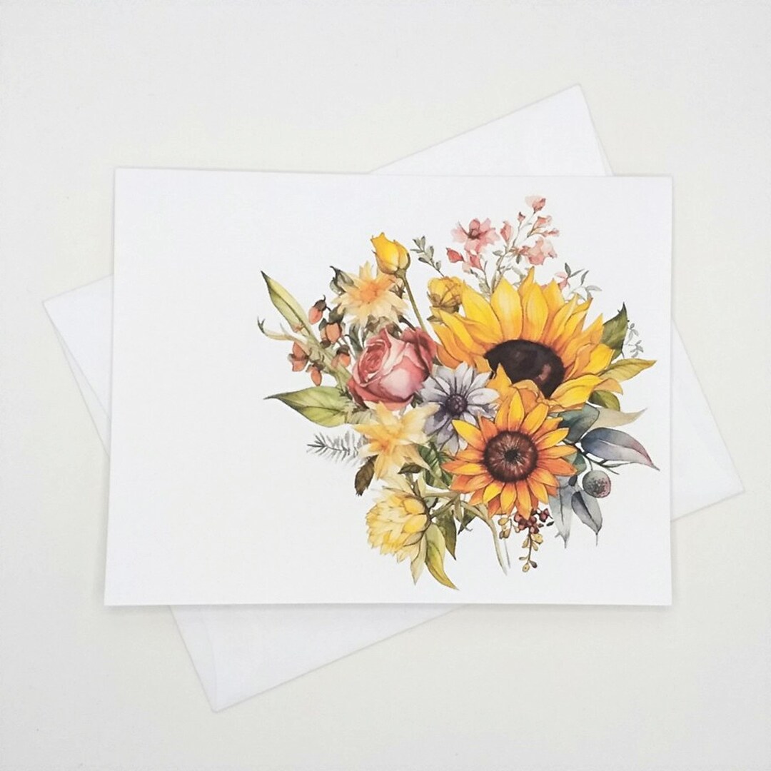 Sunflower Bouquet Note Card Set, Blank Folded Cards, Wildflowers ...