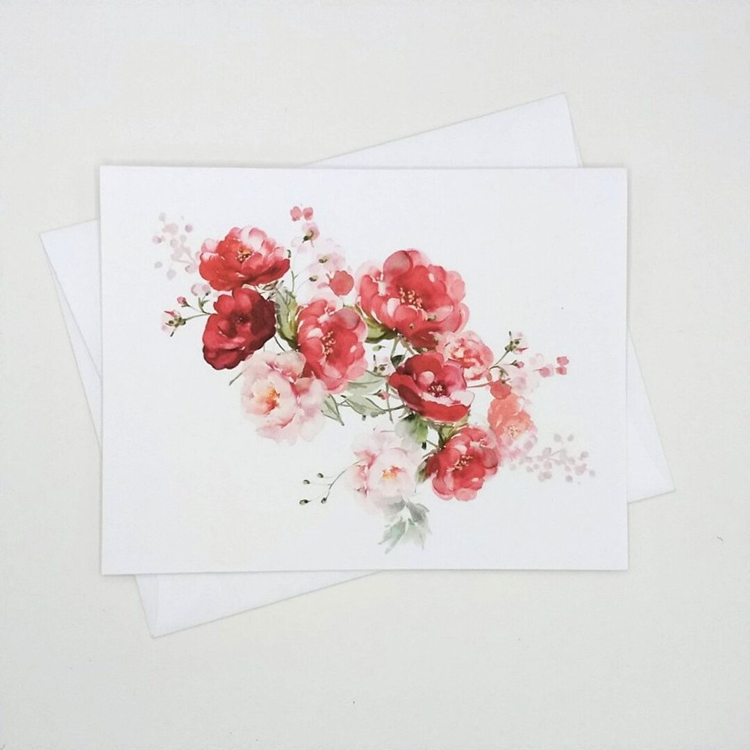 Red Rose Note Cards, 8 Blank Inside Folded Cards, Watercolor Style Rose ...