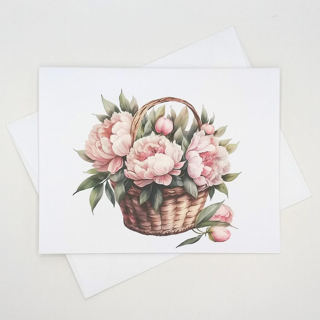Basket of Pink Peonies Cards, 8 Matching Note Cards, Summer Garden ...