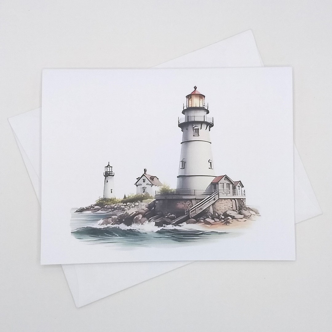 Lighthouse Scene Card Set, 8 Blank Inside Folded Note Cards, Nautical ...