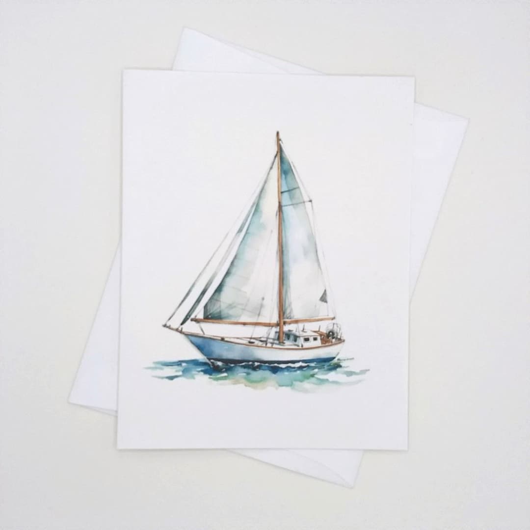 Sailboat Card Set, 8 Blank Folded Note Cards, Watercolor Style Nautical ...