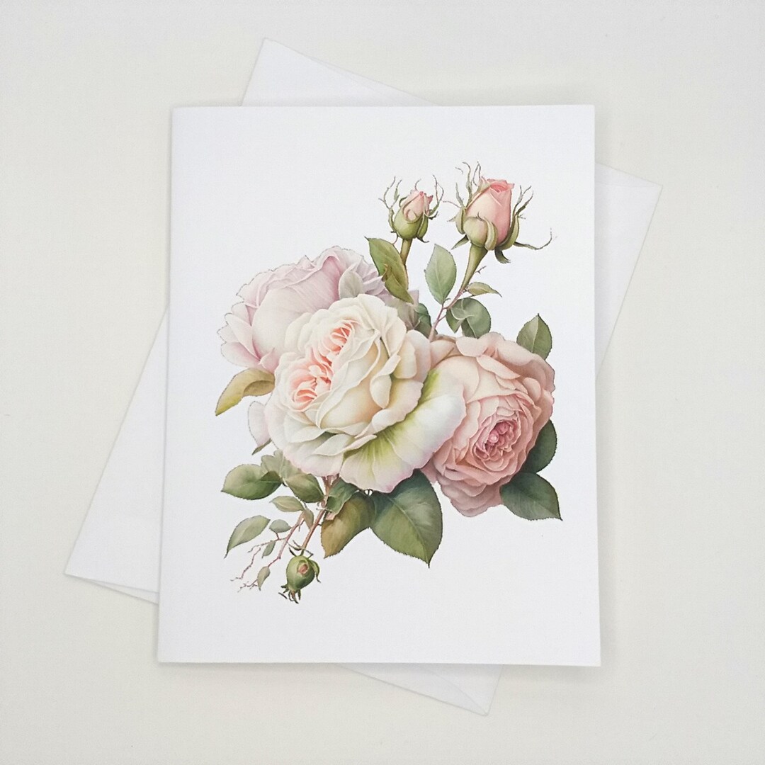 Pale Pink Roses Cards, Note Card Set, 8 Blank Folded Cards, Watercolor ...