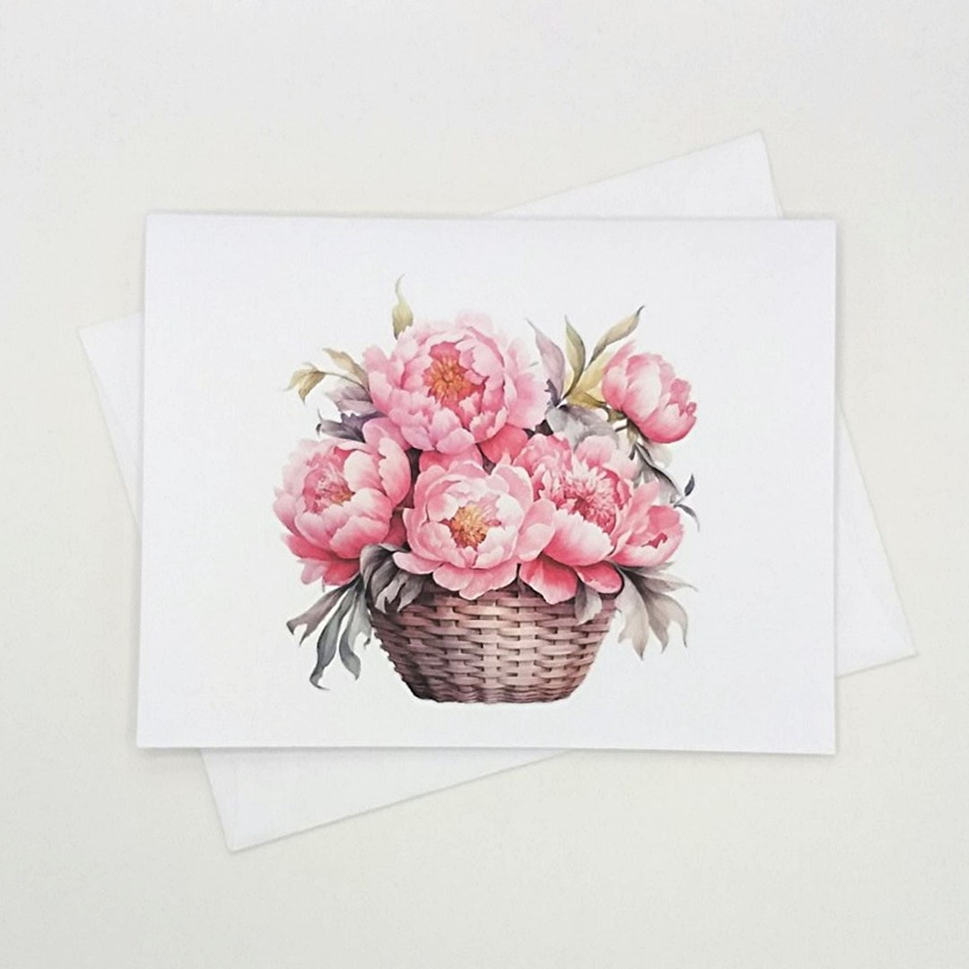 Pink Peonies in Basket Note Cards, Set of 8 Blank Inside Matching Cards ...