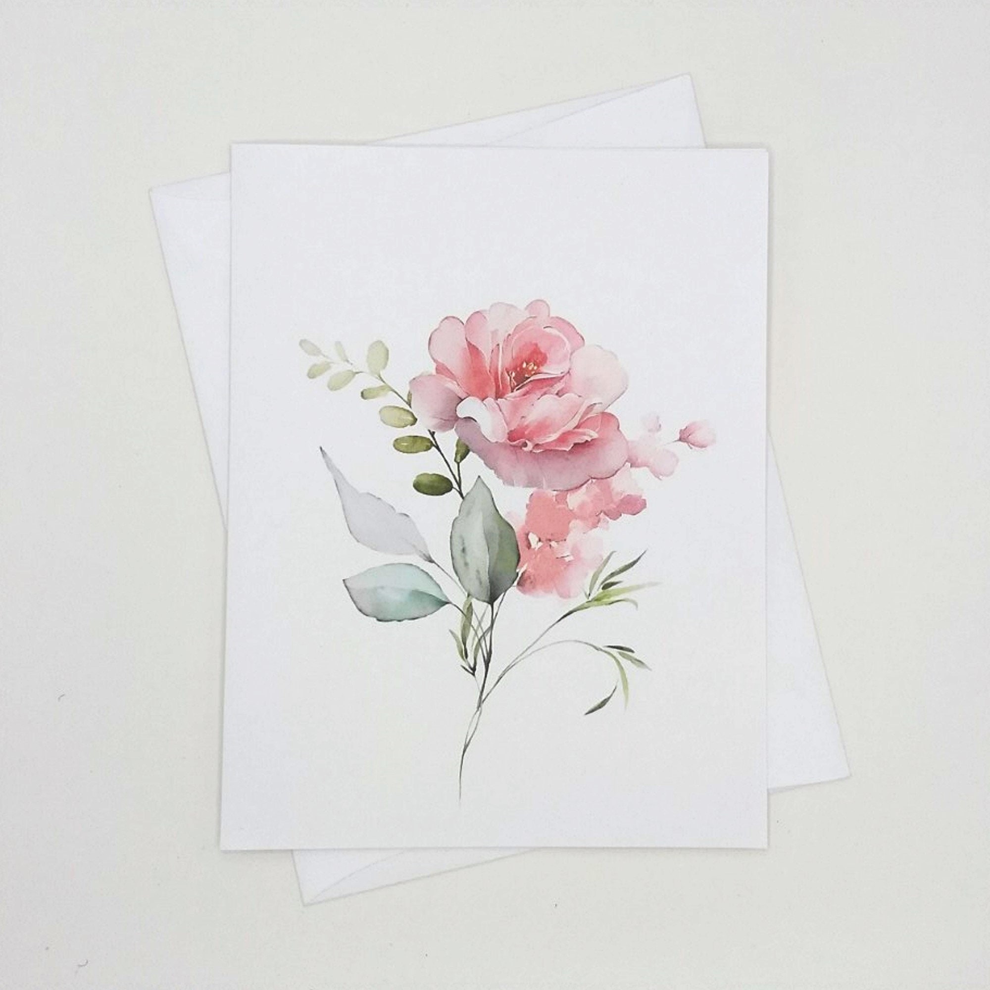 Pink Roses Note Card Set, 8 Blank Folded Note Cards, Watercolor Rose ...