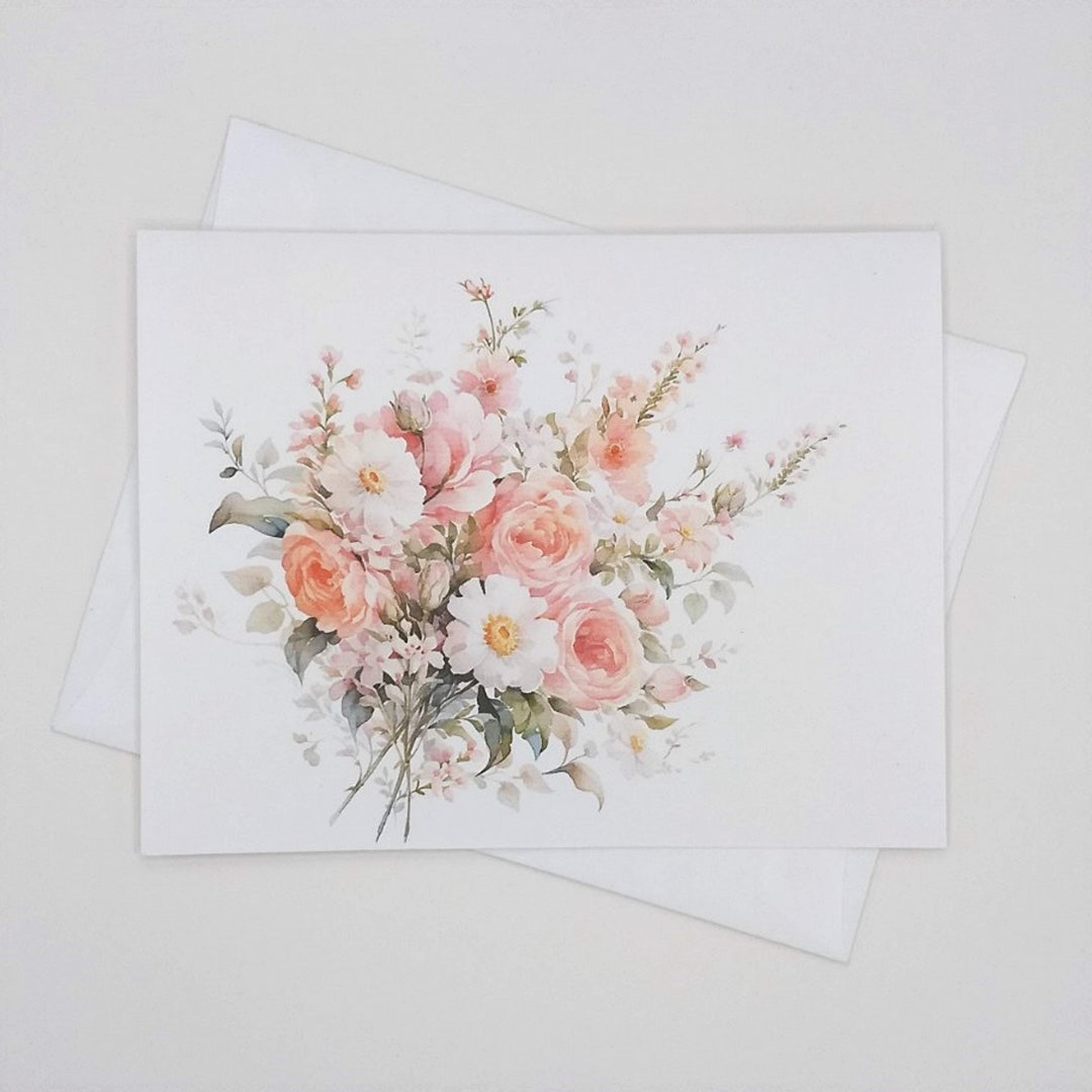 Pink Flowers Cards Set, 8 Blank Folded Note Cards, Watercolor Flowers ...