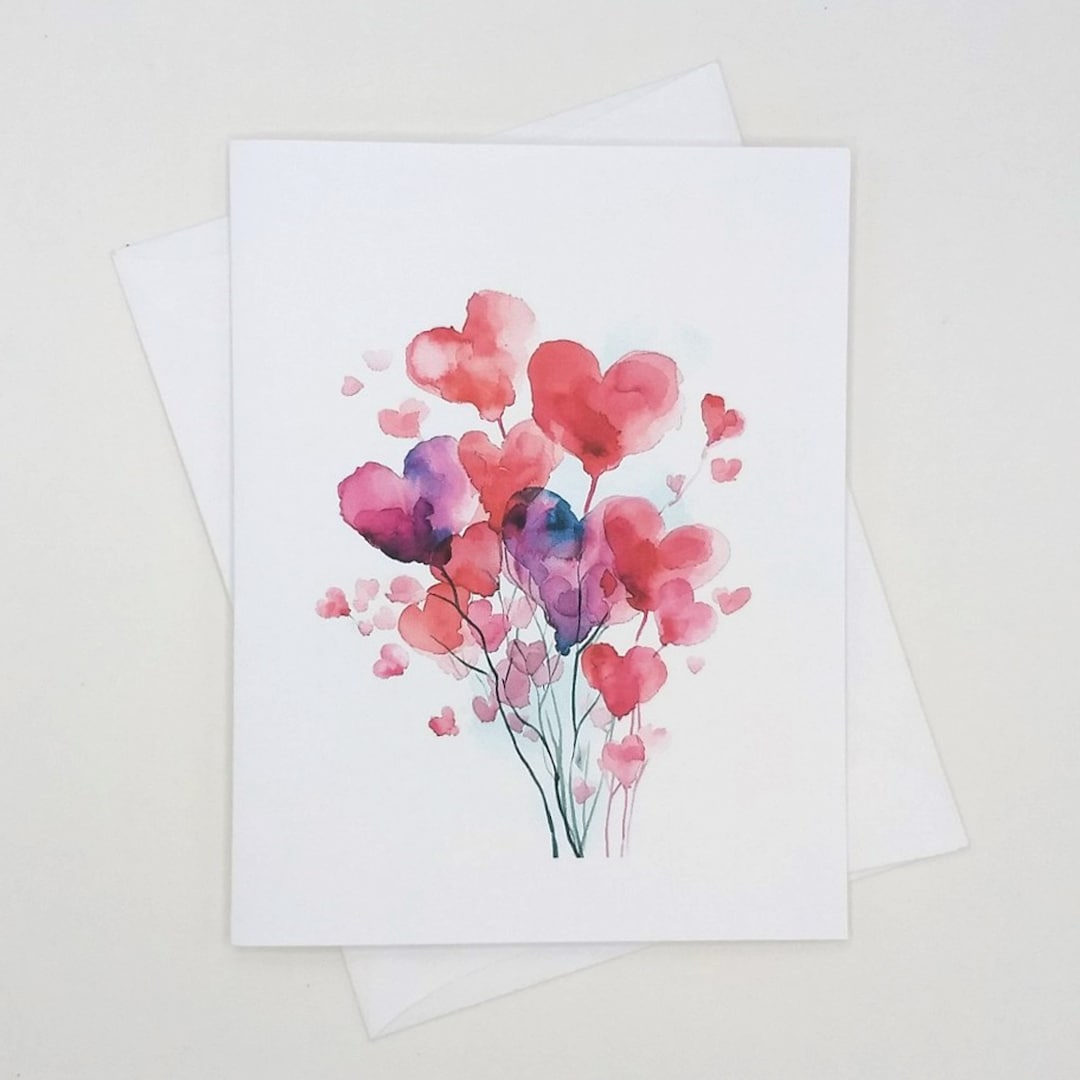 Hearts Valentine Cards, 8 Blank Matching Note Cards, Watercolor Heart ...