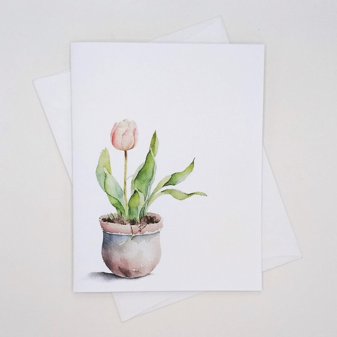 Pink Tulip Note Cards Set, 8 Blank Folded Cards, Watercolor Flower ...