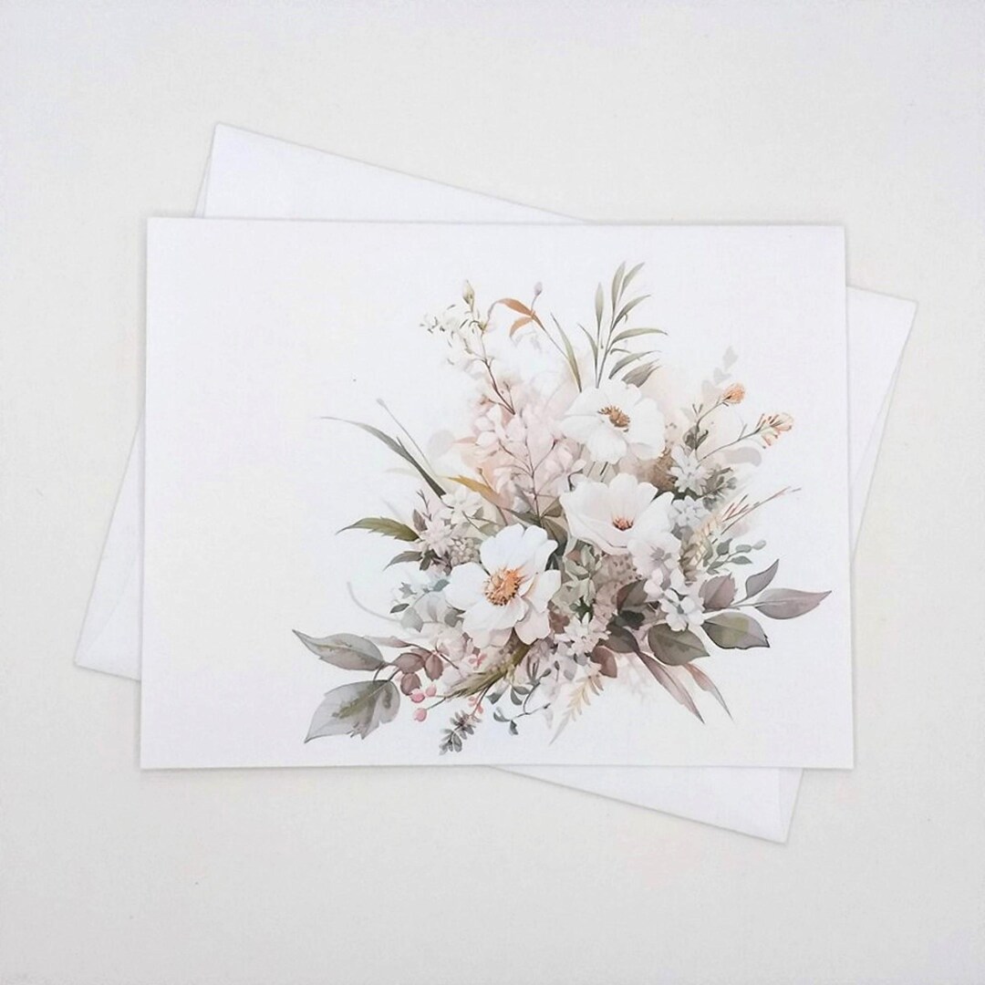 White Flowers Cards, 8 Blank Folded Note Cards, Watercolor Style Garden ...