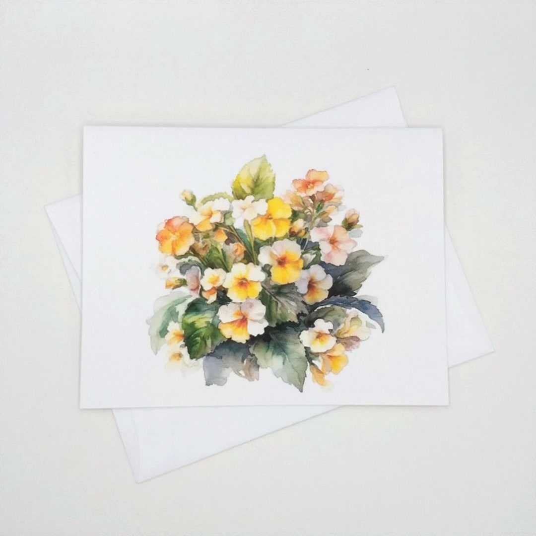 Primrose Flowers Note Cards Set, 8 Blank Folded Cards, Watercolor ...