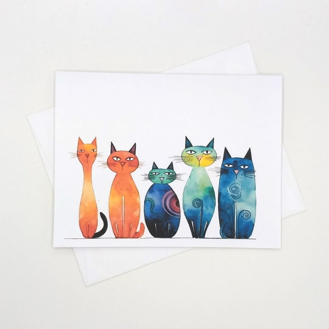 Colorful Cats Note Cards, Set of 8 Blank Inside A2 Size Cards With ...