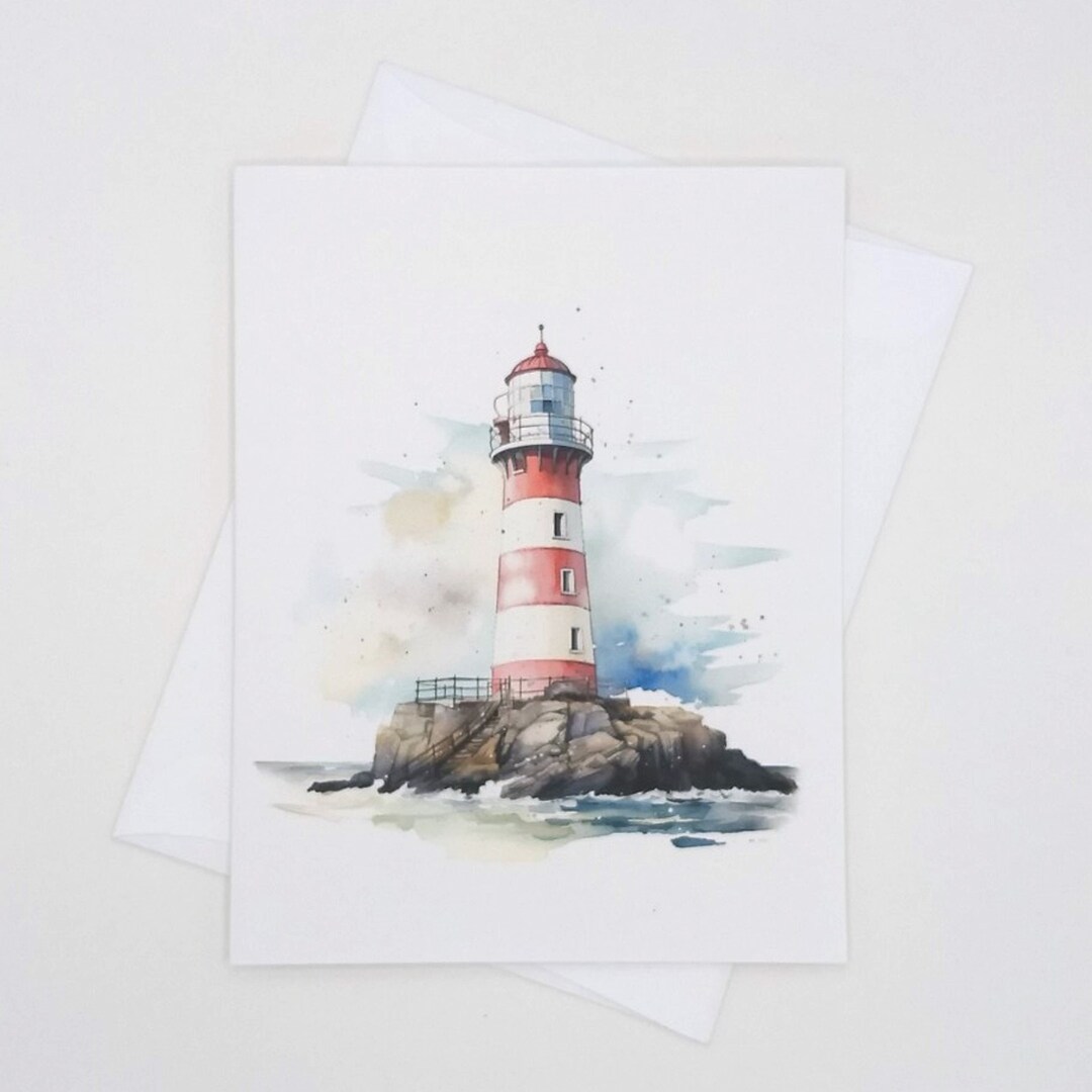 Lighthouse Note Card Set, 8 Blank Folded Note Cards, Watercolor Style ...