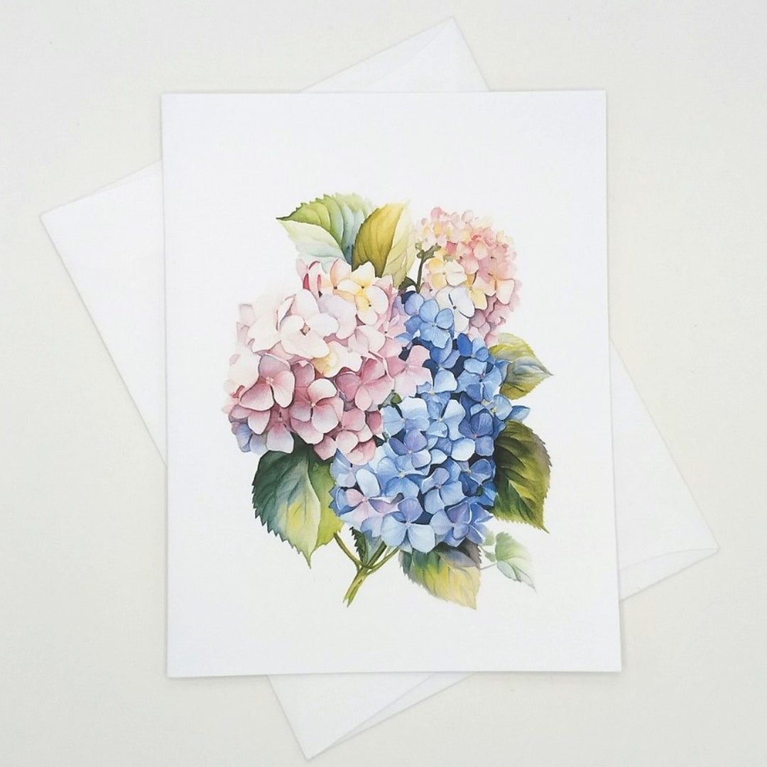 Pink Blue Hydrangeas Note Cards Set, 8 Blank Folded Cards With ...