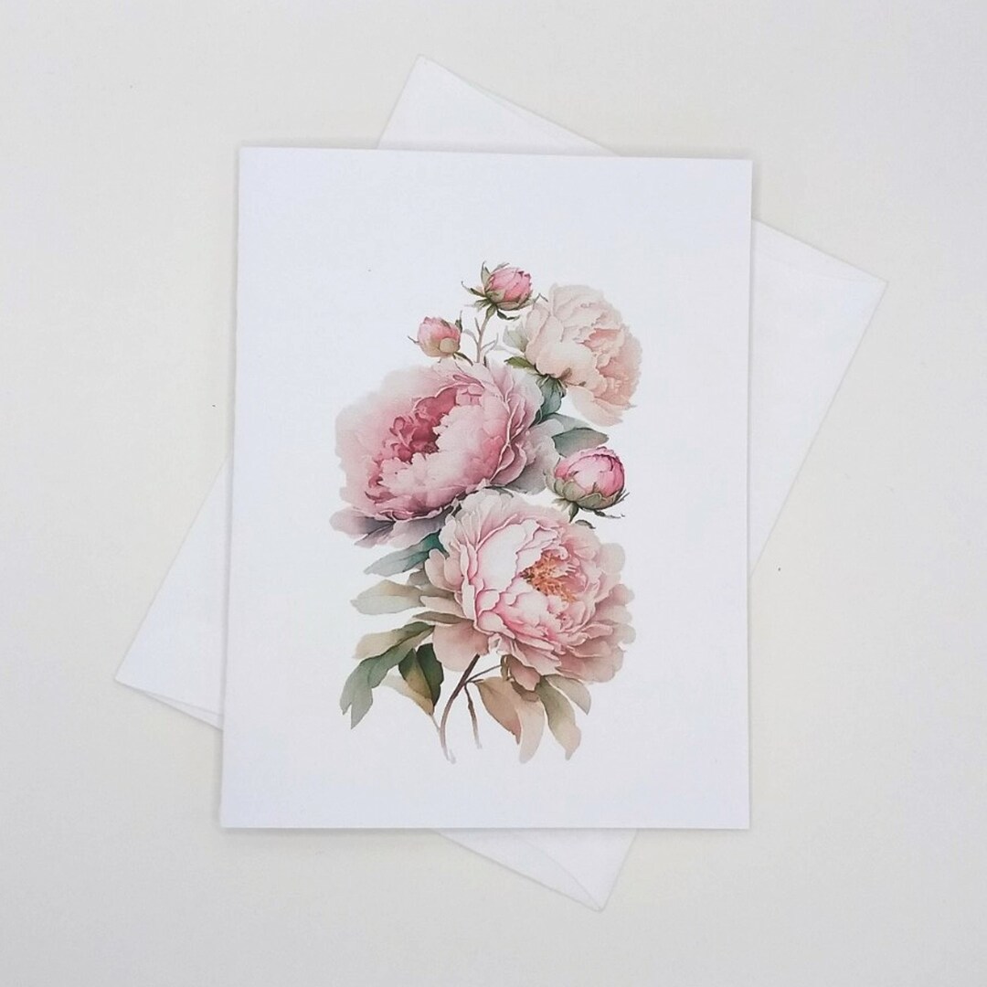 Pink Peonies Cards, 8 Blank Folded Note Card Set, Watercolor Flowers ...