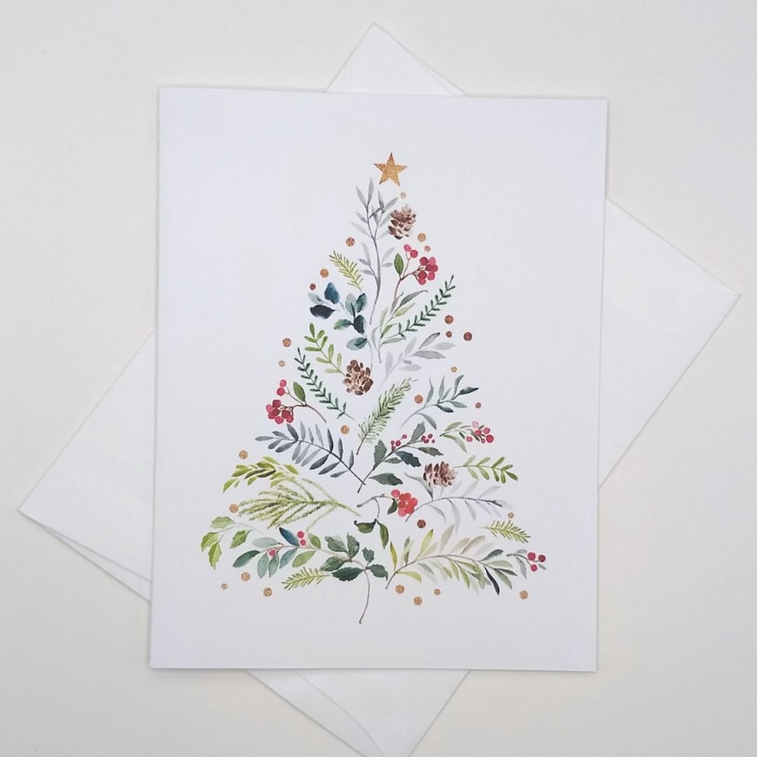 Floral Tree Christmas Cards, Christmas Tree, 8 Blank Note Cards, Winter ...