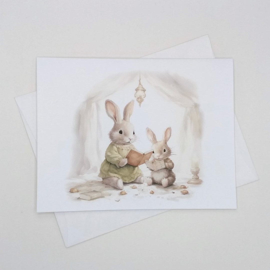 Bunnies Reading Note Cards, Set of 8 Blank Folded Cards, Watercolor ...
