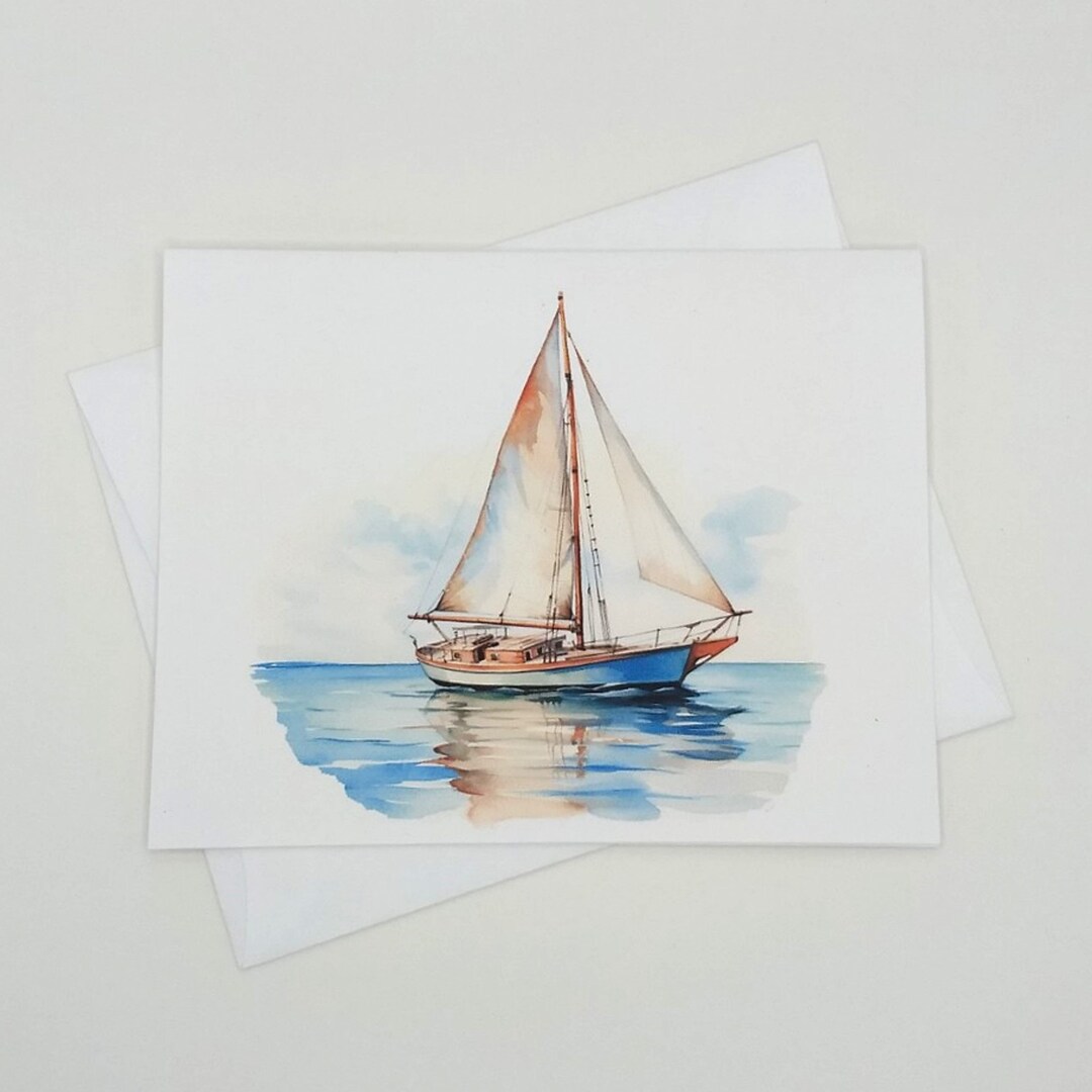 Sailboat Card Set, 8 Blank Folded Note Cards, Nautical Watercraft ...
