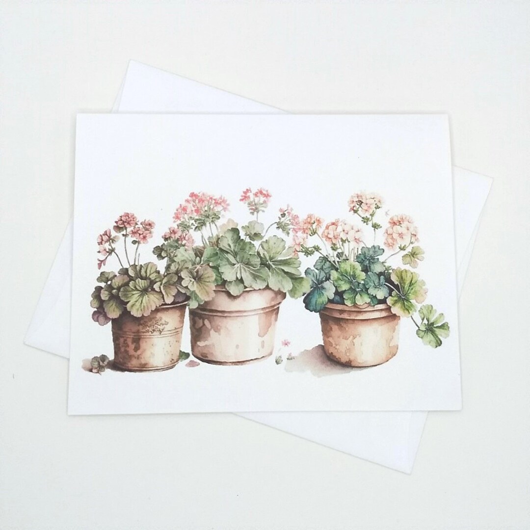 Pink Geraniums Card, Set of 8 Blank Folded Cards, Watercolor Flowers ...