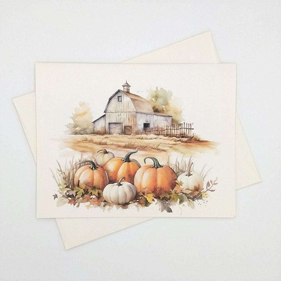 Fall Pumpkin Note Cards Set, 8 Blank Folded Cards, Thanksgiving, Barn ...