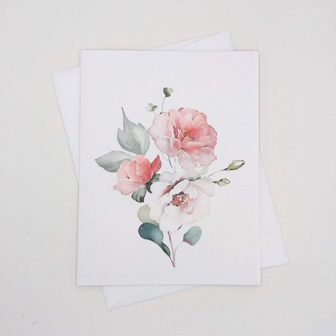 Pink Rose Card Set, Blank Folded Note Cards, Watercolor Roses, Wedding ...