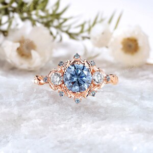 Unique Blue Moissanite Twig Engagement Ring Set 14k Rose Gold Blue ...