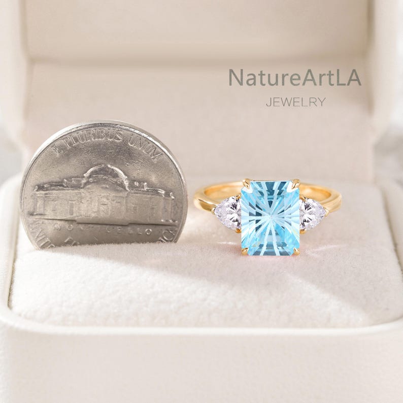 Firework Cut Aquamarine Engagement Ring: 14K Rose Gold Moissanite Three ...