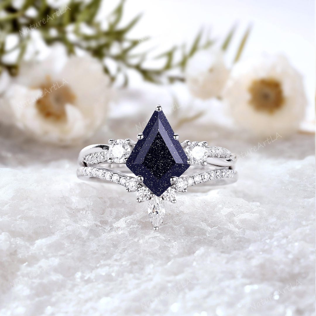 Vintage Kite Cut Blue Sandstone Engagement Ring Set 18k White Gold V ...