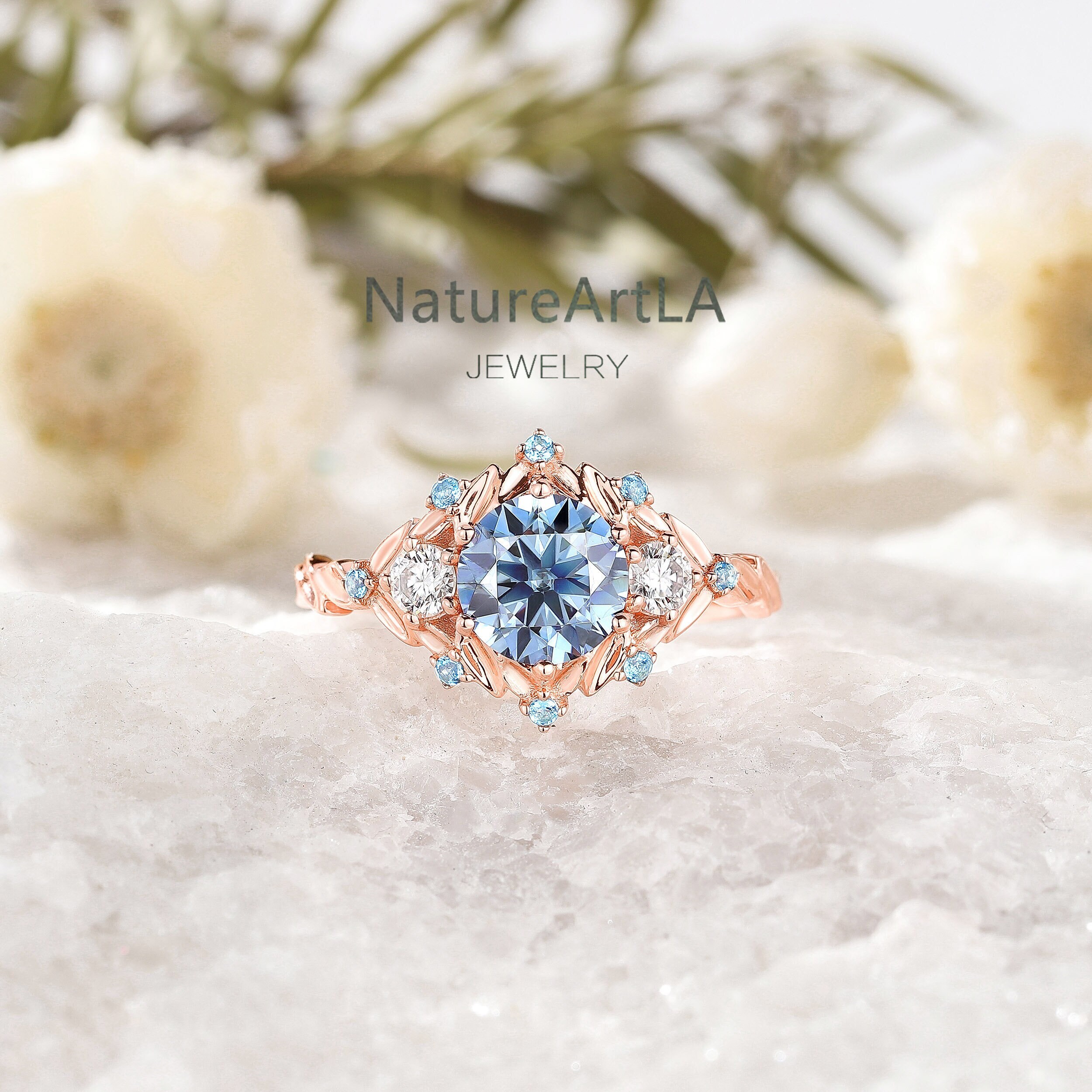 Round Blue Moissanite Engagement Ring 14k Rose Gold Ring Triangular Cut