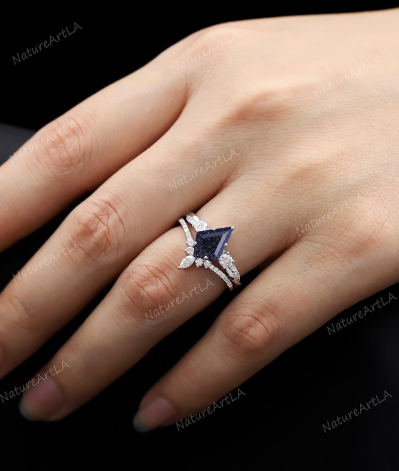 Vintage Kite Cut Blue Sandstone Engagement Ring Set 18k White Gold V ...