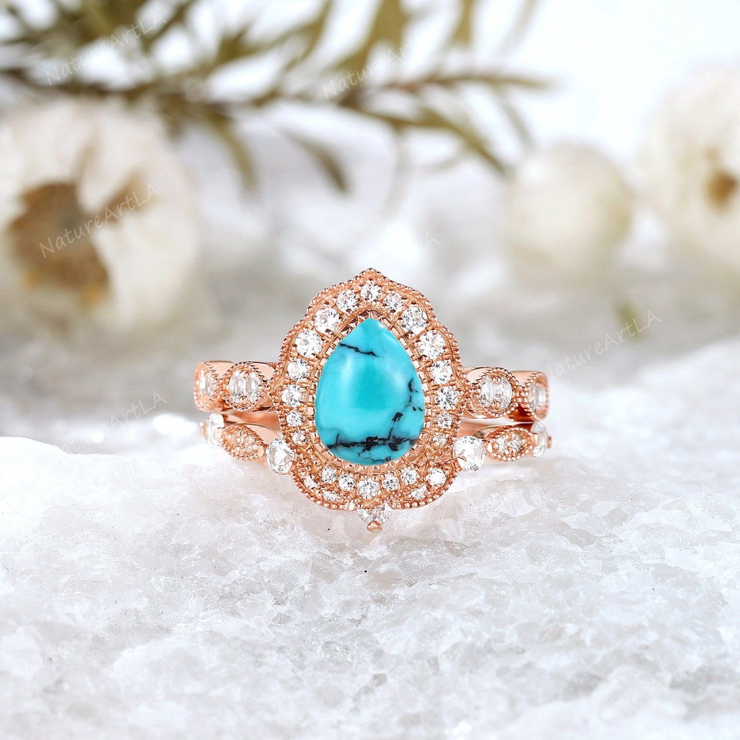 Vintage Pear Turquoise Bridal Set: 14k Rose Gold Moissanite Engagement ...