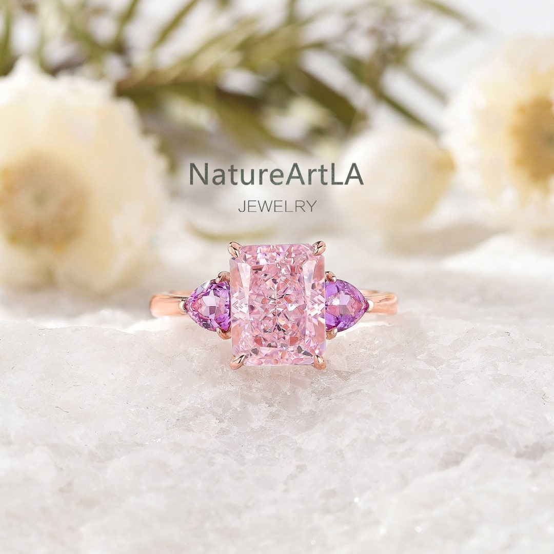 Unique Pink Amethyst Solitaire Ring 14k Rose Gold Three Stone ...