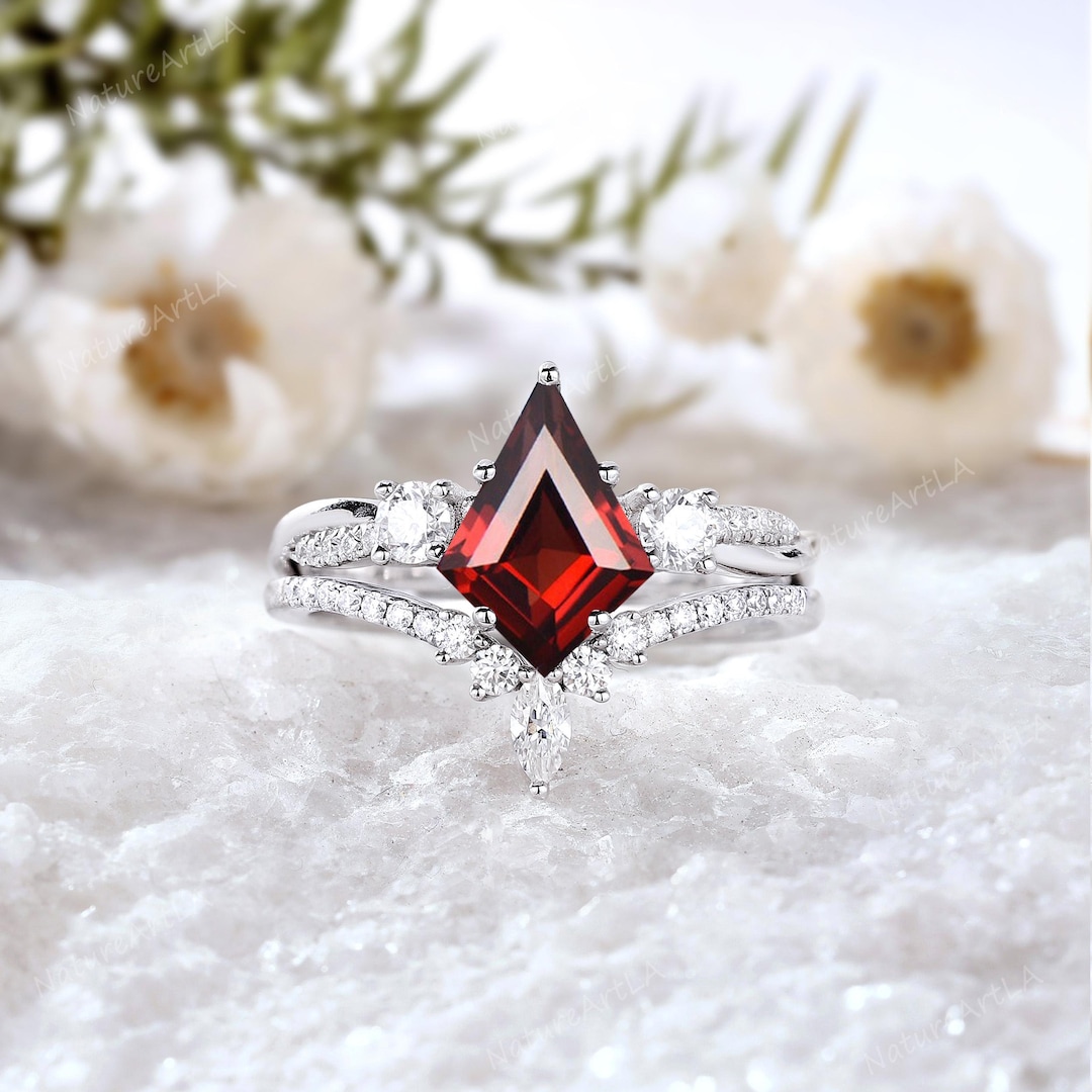 Vintage Kite Cut Lab Ruby Engagement Ring Set: Platinum Moissanite ...