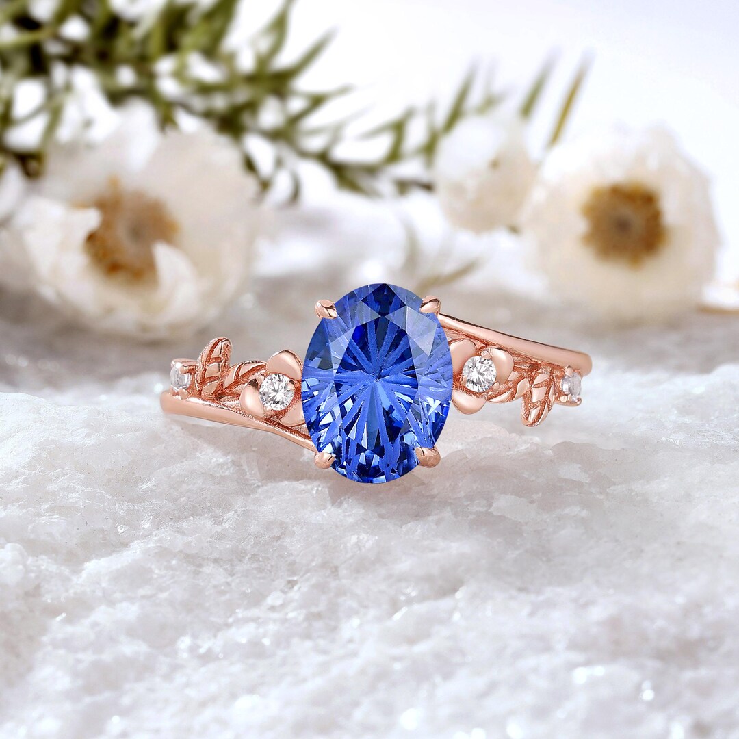 Nature Inspired Firework Cut Sapphire Engagement Ring 14k Rose Gold ...
