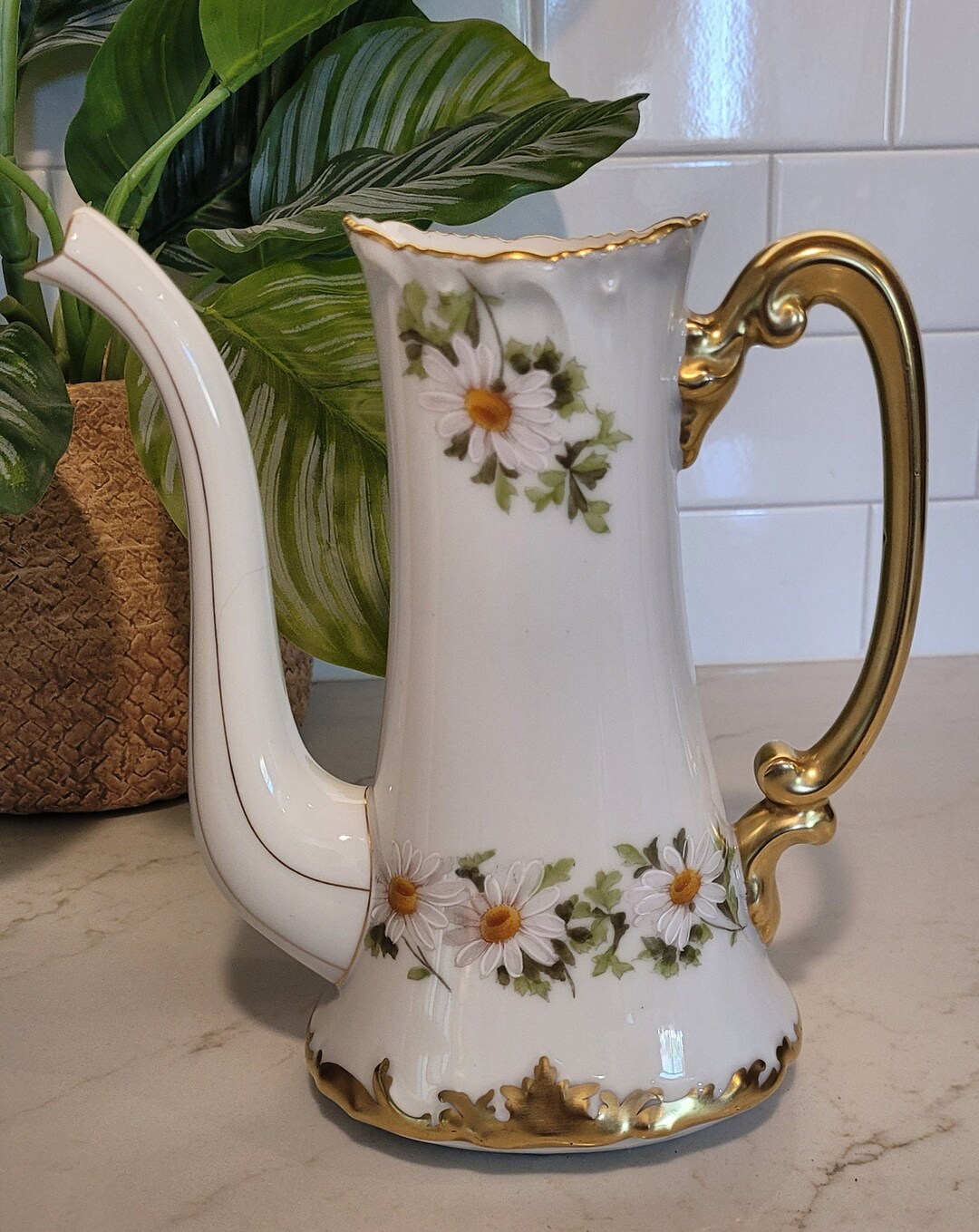 Antique 1900s Limoges Daisy and Gold Long Spout Pitcher - Etsy