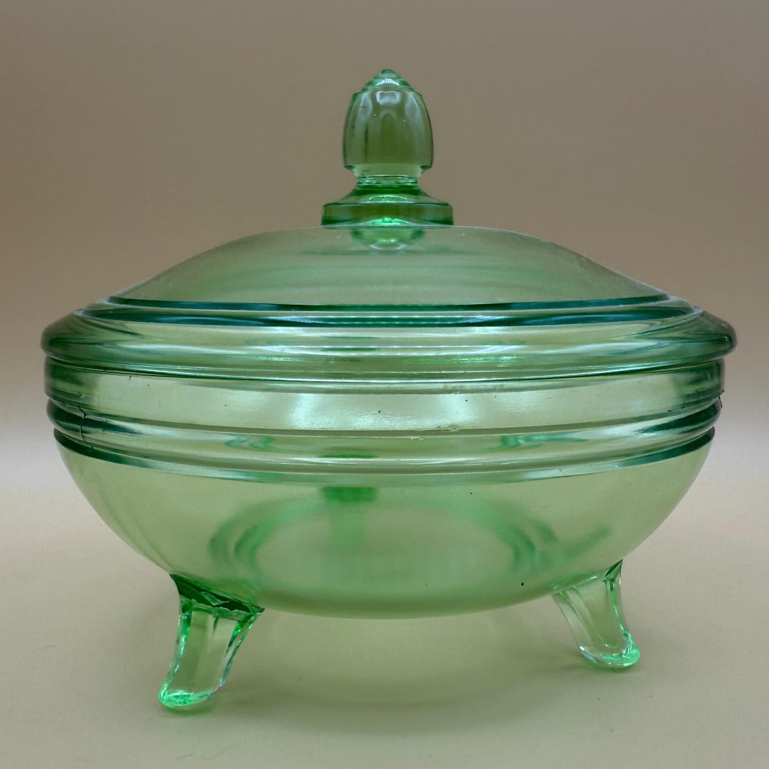 Green Uranium Candy Dish With Three-feet Base, Two-piece Design ...