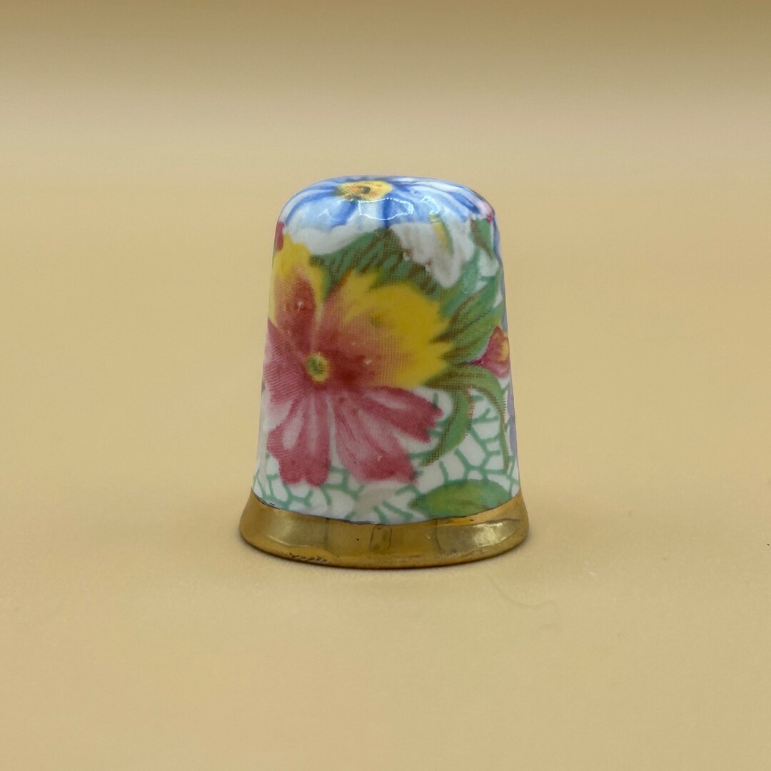 Royal Winton Flower Thimble England Grimwades Gold Band Pink Orange ...