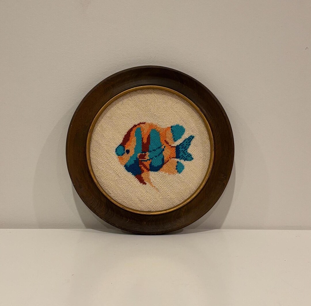 Framed Fish Needlepoint/ Cross-stitch Art- Embroidered Fish- Vintage ...