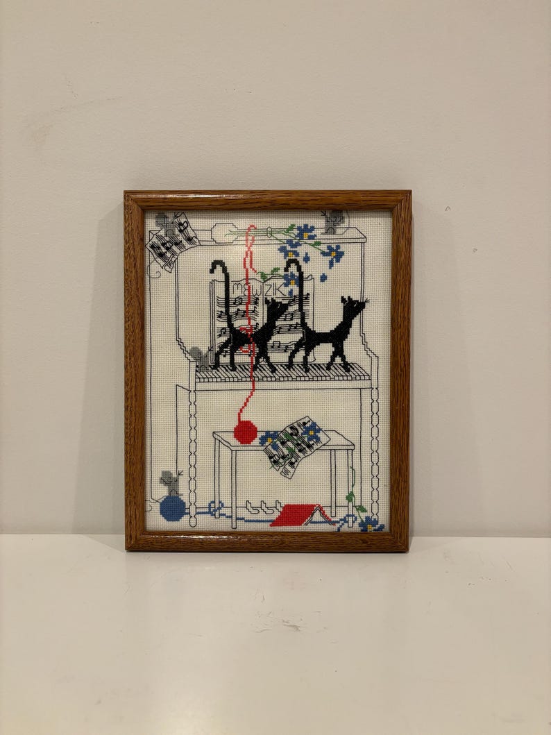 Vintage Framed Cats and Music Needlepoint/cross-stitch Art Piano ...
