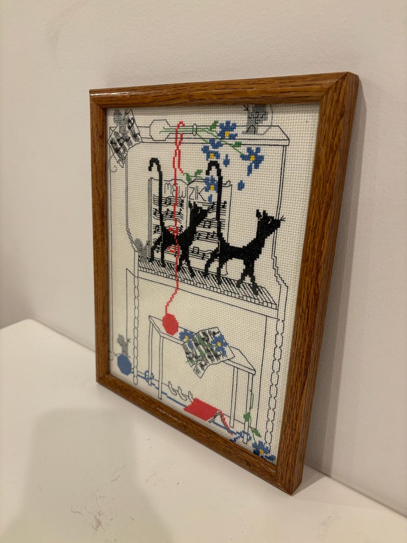 Vintage Framed Cats and Music Needlepoint/cross-stitch Art Piano ...