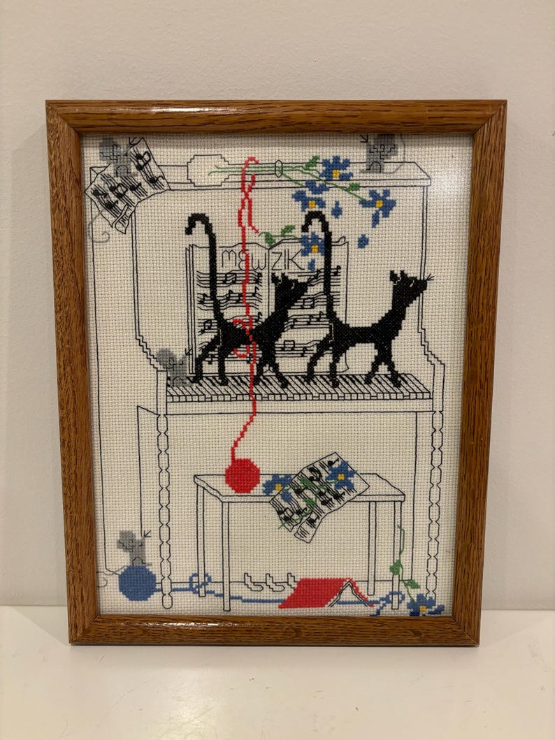 Vintage Framed Cats and Music Needlepoint/cross-stitch Art Piano ...