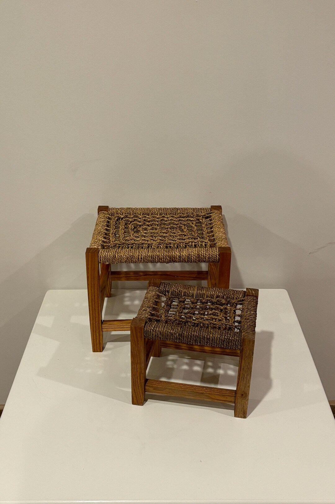 Small Wood Seagrass Vintage Stool Nesting Stool, Foot Stool, Wood Riser ...