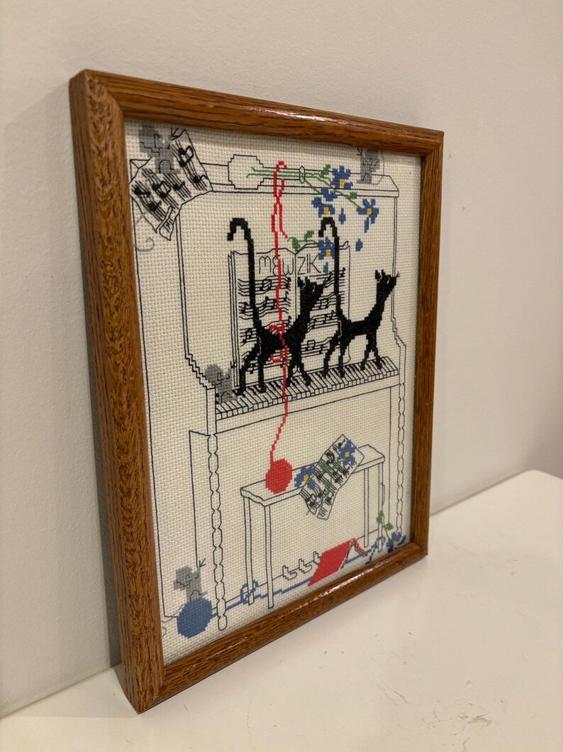 Vintage Framed Cats and Music Needlepoint/cross-stitch Art Piano ...