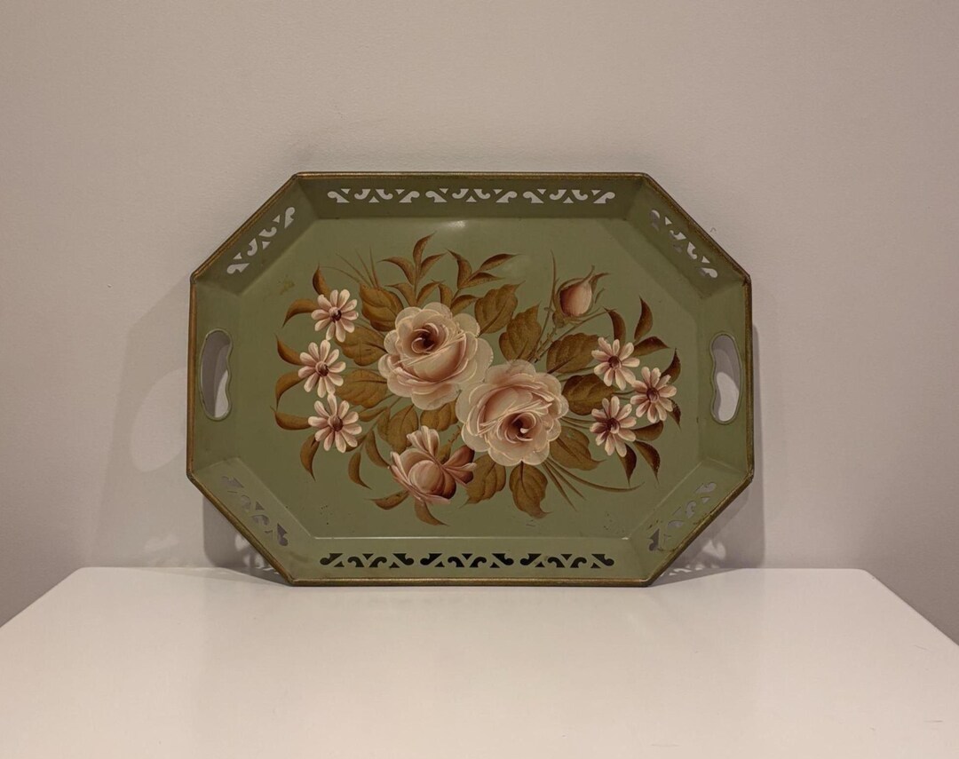 Vintage Floral Hand Painted Tole Tray- Decorative Tray- Free Shipping ...